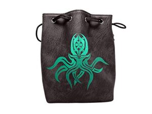 black leather lite large dice bag with cthulhu design - black faux leather exterior with lined interior - stands up on its own and can hold 400 16mm polyhedral dice