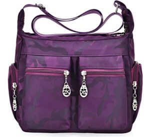 fivelovetwo lightweight nylon multi pocket hobo shoulder crossbody bag handbags and purses for women men top-handle messenger crossbody bag pack totes satchels purple camouflage