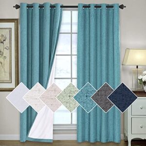 h.versailtex 100% blackout curtains for bedroom 96 inches long grommet linen face full light blocking curtain drapes for living room thermal insulated linen look curtains 2 panels set, teal blue