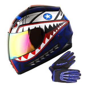 wow youth motorcycle full face helmet street bike bmx mx kids shark blue + mx skeleton glove bundle