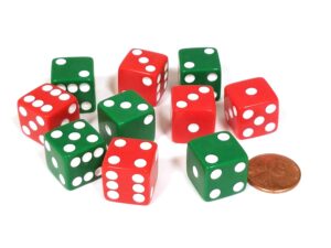 koplow games set of 10 d6 six sided opaque 16mm d6 dice - christmas colors 5 green & 5 red