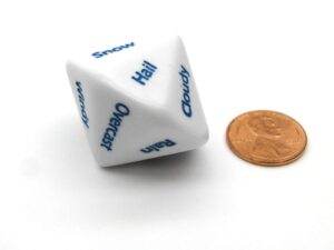 liphontcta koplow games weather dice d14 26mm rpg d&d setting die, 1 piece - white with blue words