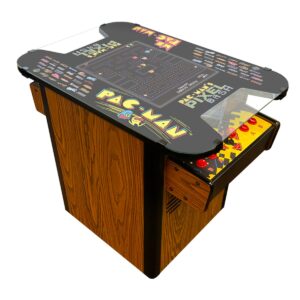 namco pac-man pixel bash cocktail arcade game machine with woodgrain finish