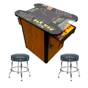 namco pac man pixel bash arcade style cocktail table game woodgrain with 2 pac man stools