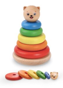 bimi boo wooden rainbow stacking rings for toddlers - ring stacker baby toy with roly-poly base - montessori early counting toy, size recognition learning activity - ideal baby gift (5 rings)