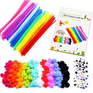 pipe cleaners craft set with diy tutorial, included 200pcs pipe cleaners, 200pcs pom poms, 200pcs self-sticking wiggle googly eyes, assorted colors and assorted sizes for diy art craft