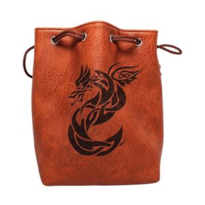 brown leather lite large dice bag with celtic knot dragon design - brown faux leather exterior with lined interior - stands up on its own and holds 400 16mm polyhedral dice