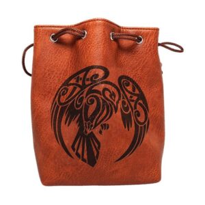 brown leather lite large dice bag with raven design - brown faux leather exterior with lined interior - stands up on its own and holds 400 16mm polyhedral dice