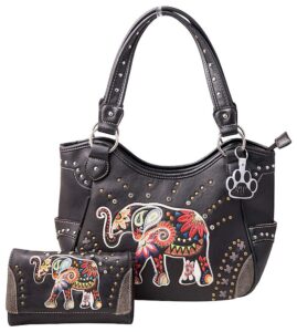 hw collection large elephant purse women embroidered western handbag and wallet set (black)