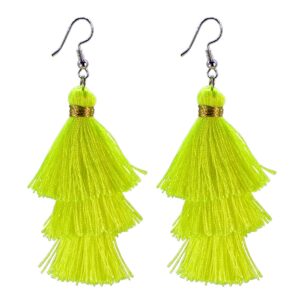 ad beads fashion copper dangle tassel 3 layers fan fringe earrings, lime yellow, 3.15 in