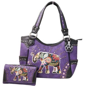 hw collection large elephant purse women embroidered western handbag and wallet set (purple)