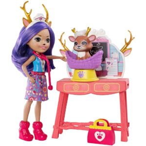 mattel enchantimals caring vet playset with danessa deer doll and sprint animal figure, 6-inch small doll, with check-up table, basket, and smaller doctor accessories, gift for 3 to 8 year olds