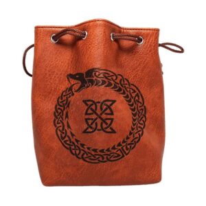 brown leather lite large dice bag with ouroboros design - brown faux leather exterior with lined interior - stands up on its own and holds 400 16mm polyhedral dice