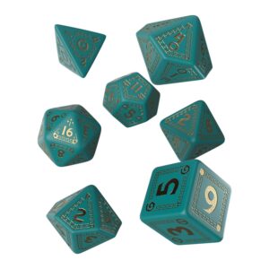 q workshop runequest rpg dice set 7 polyhedral pieces (turquoise & gold)