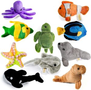 prextex 10 piece plush soft stuffed sea animals - small stuffed animals bulk - playset plush assortment, turtle, stingray, nemo fish, killer whale and more - bulk stuffed animals