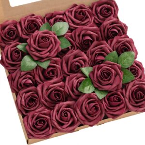 ling's moment artificial flowers 25pcs burgundy roses decor w/stems,3" real touch diy foam floral for wedding bouquet/centerpieces, outdoors party backdrop, room/table, and garden/pot decorations