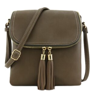 flap top double compartment crossbody bag with tassel accent (stone)