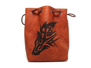 brown leather lite large dice bag with wolf design - brown faux leather exterior with lined interior - stands up on its own and holds 400 16mm polyhedral dice