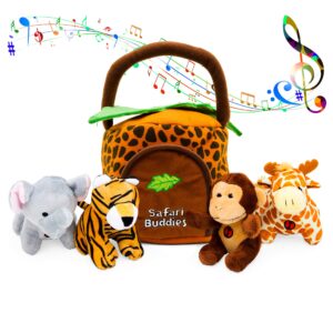 hoovy plush jungle animals toy set (5 pcs) with carrier for kids|stuffed monkey, giraffe, tiger & elephant|great for boys & girls