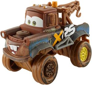 disney pixar cars xrs mud racing mater oversized 1:55 scale die-cast, real suspension, off-road, dirt-splashed, all-terrain wheels, 1:55 scale, ages 3 and up