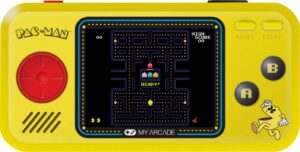 my arcade pocket player handheld game console: 3 built in games, pac-man, pac-panic, pac-mania, full color display, speaker, volume controls, headphone jack, battery or micro usb powered, yellow