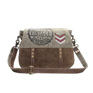 retro chevron patch upcycled canvas and genuine leather crossbody bag