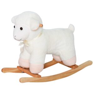 qaba lamb rocking horse sheep, nursery stuffed animal ride on rocker for kids, wooden plush, white