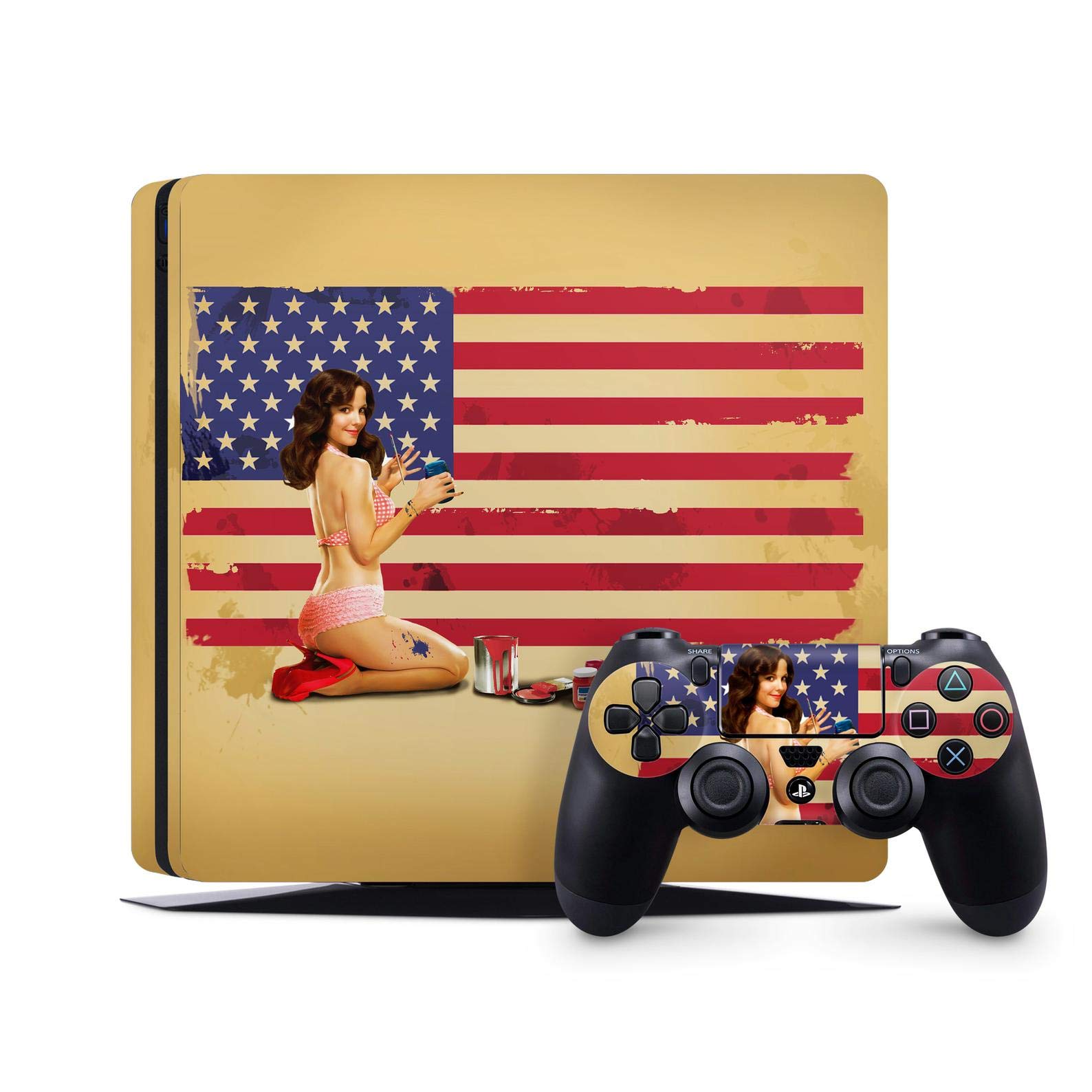 ZOOMHITSKINS PS4 Slim Skins, Sexy Girl America Woman USA Vintage Flag Red Blue Classic Old, Durable, Bubble-Free Goo-Free,Cover Set of 2 Controller Skins 1 Console Skin, Made in USA