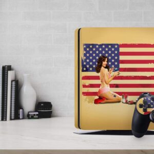 ZOOMHITSKINS PS4 Slim Skins, Sexy Girl America Woman USA Vintage Flag Red Blue Classic Old, Durable, Bubble-Free Goo-Free,Cover Set of 2 Controller Skins 1 Console Skin, Made in USA