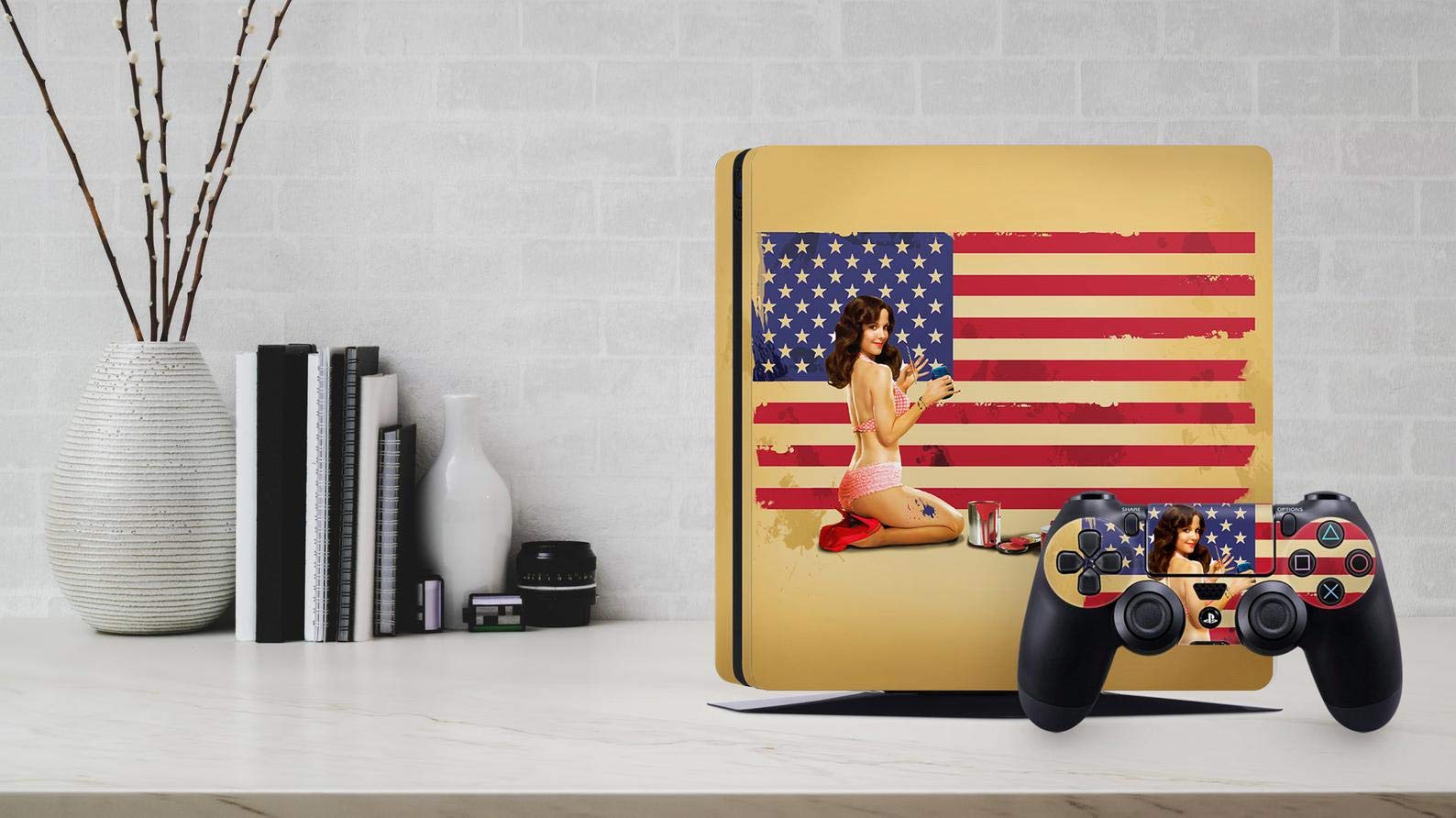 ZOOMHITSKINS PS4 Slim Skins, Sexy Girl America Woman USA Vintage Flag Red Blue Classic Old, Durable, Bubble-Free Goo-Free,Cover Set of 2 Controller Skins 1 Console Skin, Made in USA