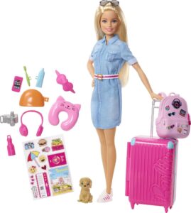 barbie dreamhouse adventures doll & accessories, travel set with blonde fashion doll, puppy & 10+ pieces, suitcase opens & closes