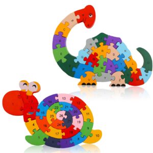 lovestown 2 pcs wooden animal puzzles, alphabet building blocks for kids, preschool letters and numbers puzzles, abc animal puzzle for toddlers