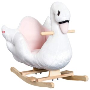 qaba kids ride on rocking horse plush swan style toy with music for over 18 months children, white and pink