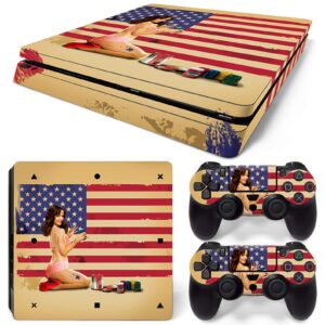 zoomhitskins ps4 slim skins, sexy girl america woman usa vintage flag red blue classic old, durable, bubble-free goo-free,cover set of 2 controller skins 1 console skin, made in usa