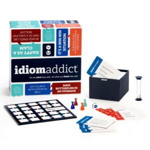 idiom addict, decipher the gibberish phrase, 2400 funny brain teasers, large group party game for 4+ players