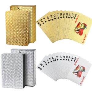 joyoldelf 2 decks of playing cards, 24k foil waterproof playing cards & flexible poker cards with box - classic magic tricks tool for party, game and cardistry, 1 gold + 1 silver