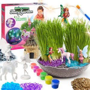 bryte all-inclusive unicorn fairy garden kit with led lights, paint set, crystal rock, grow your own garden & play, birthday gift, diy science kit, stem arts and crafts toys for boys girls aged 4-12