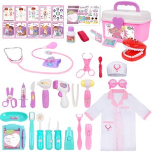 gifts2u doctor kit for toddlers 3-5, medical pretend play toys with gift case, 42 piece dentist playset kit for kids,for christmas birthday gift(pink)