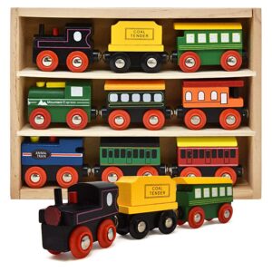 number 1 in gadgets wooden train cars - 9 piece collection of magnetic trains and wood engine and vehicles compatible with all major brands, a deluxe railway set for toddlers kids boys and girls