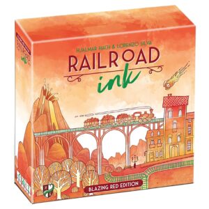 horrible guild railroad ink: blazing red edition - roll dice and draw railways and routes, 7 rounds to expand your rail map - expansion dice included, plays with 1-6 players, 20-30 mins, ages 8 & up