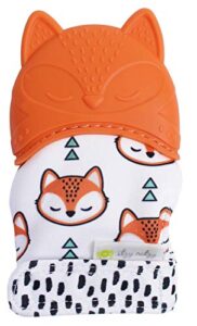 itzy ritzy silicone teething mitt - soothing infant teething mitten with adjustable strap, crinkle sound & textured silicone to soothe sore & swollen gums - baby teething toy for 3 mos & up, fox