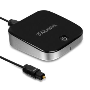 aluratek adb1b bluetooth audio receiver and transmitter, 2-in-1 wireless 3.5mm, aux, optical audio adapter, pairing with 2 bluetooth headphones simultaneously in transmitter mode, small