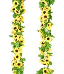 yaoijin 2 pack 16.4 feet artificial fake sunflower garland plants in yellow(each 8.2' long with 12 vine) for hanging wedding garland fake foliage flowers home kitchen garden office wedding wall decor