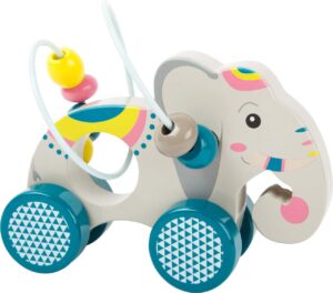 small foot wooden toys push-along elephant with an activity loop & beads designed for children 12+ months