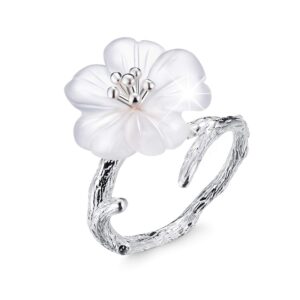 lotus fun s925 sterling silver ring flower in the rain open simulated crystal ring handmade jewelry unique gifts for women (silver)