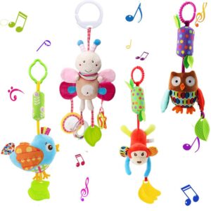 sealive 4 piece baby stroller toy sensory musical toys, soft rattles hanging plush activity crib car seat toys for babies boy girl