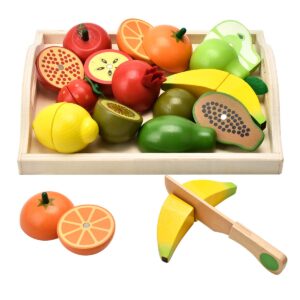 carlorbo wooden toys for 2 year old - pretend play food set for kids play kitchen,9 cuttable toy fruit and veg with wooden knif and tray,gift idea for boys girls birthday