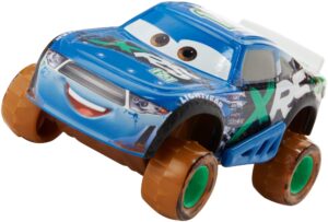 disney car toys xrs mud racing dino draftsky vehicle 155 scale die-casts, real suspensions, off-road, dirt-splashed design, all-terrain wheels, ages 3 and upâ€‹