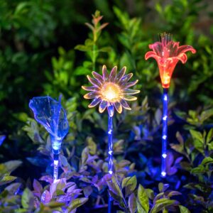 solar garden stake lights - set of 3 decorative multi-color changing led flower staked solar clear fiber lily, fiber calla lily, daisy for outdoor lawn pathway yard holiday party christmas house decor