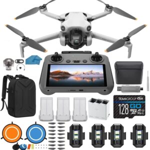 dji mini 4 pro drone with 3 battery fly more combo rc 2 screen remote camera drone bundle kit, with 128 gb sd, 3.0 usb card reader, landing pad, waterproof backpack, strobe lights and more